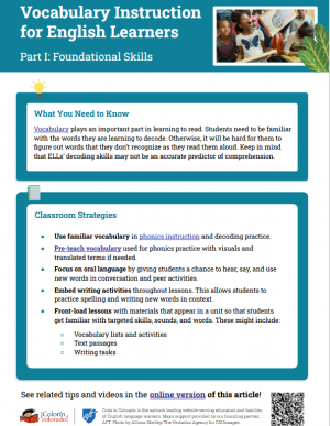 Teaching Vocabulary: Literacy Instruction for ELLs (Tip Sheet ...