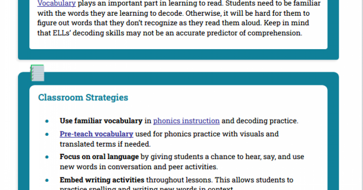 Teaching Vocabulary: Literacy Instruction for ELLs (Tip Sheet ...